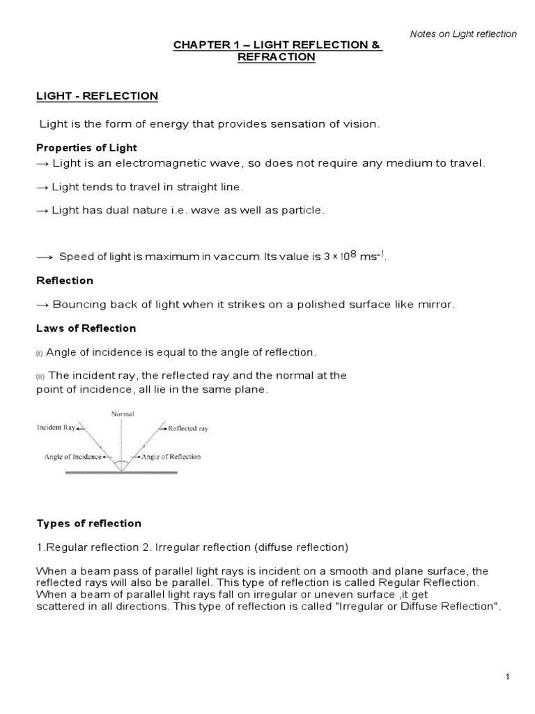 Reflection Notes Grade 10 | PDF | Reflection (Physics) | Mirror