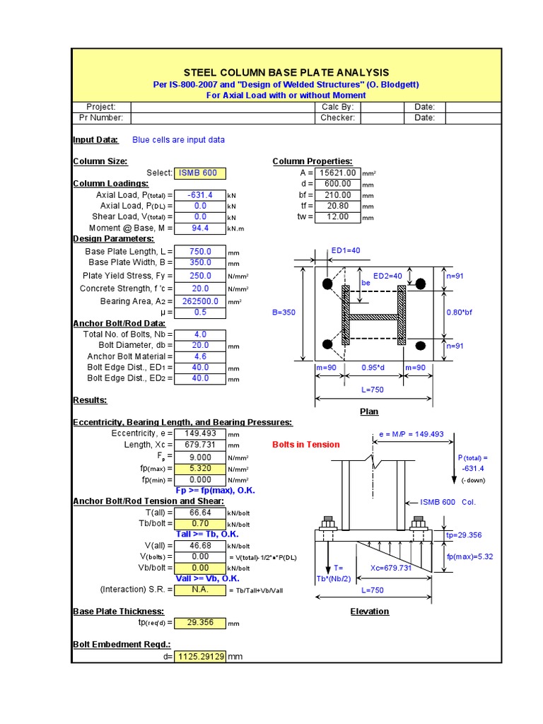 Steel Column Base Plate Analysis: Blue Cells Are Input Data | PDF ...