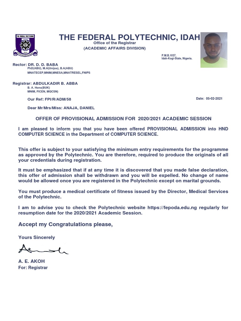 Letter of Provisional Admission and Acceptance for HND Computer Science ...
