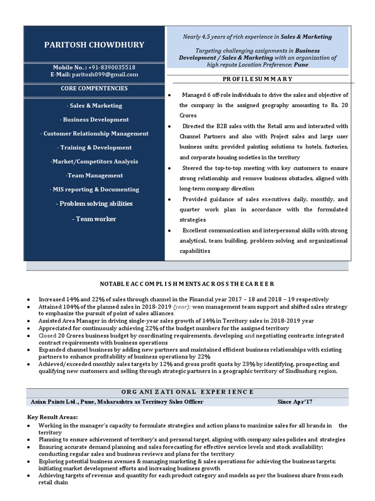 Paritosh Chowdhury Profilesummary Pdf Sales Marketing 