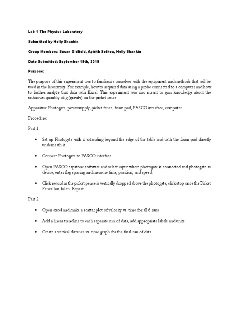 Lab 1 The Physics Laboratory | PDF | Velocity | Acceleration
