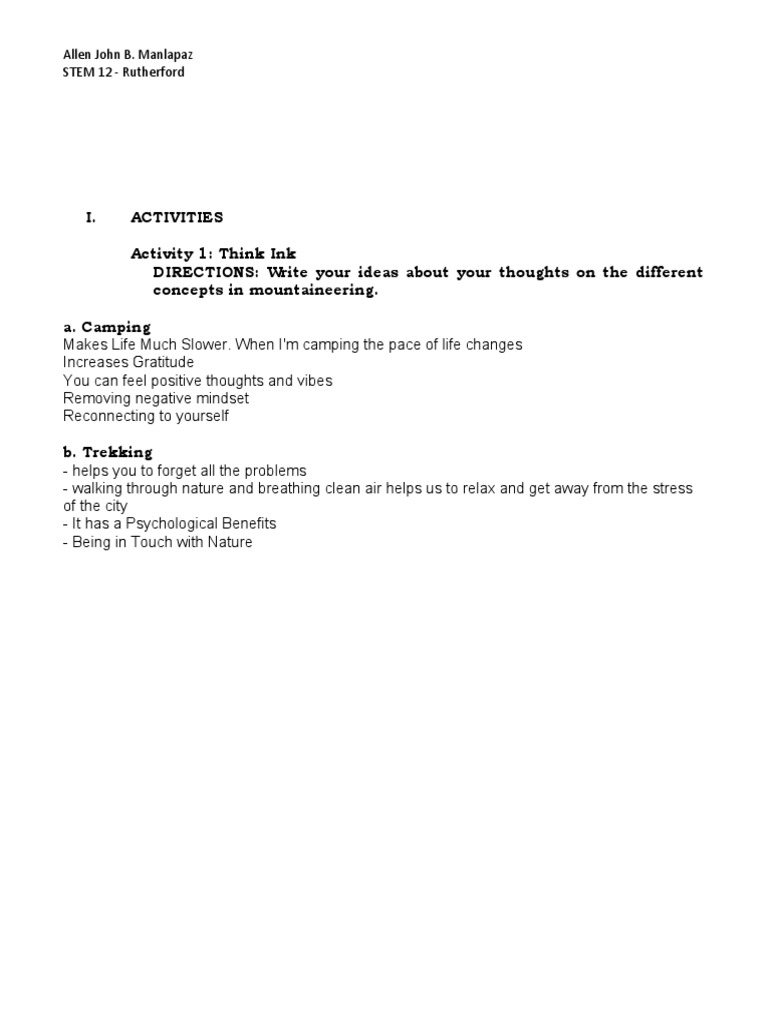 I. Activities Activity 1: Think Ink DIRECTIONS: Write Your Ideas About ...