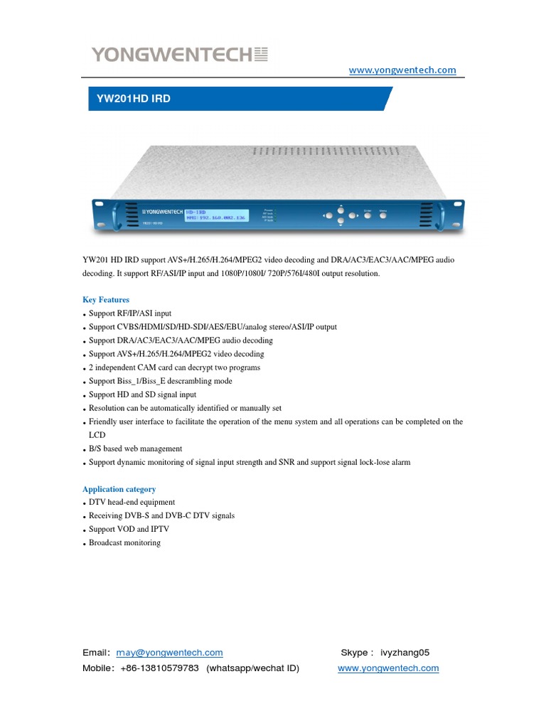 YW201 HD IRD Satellite Receiver Overview | PDF | Hdmi | Television ...