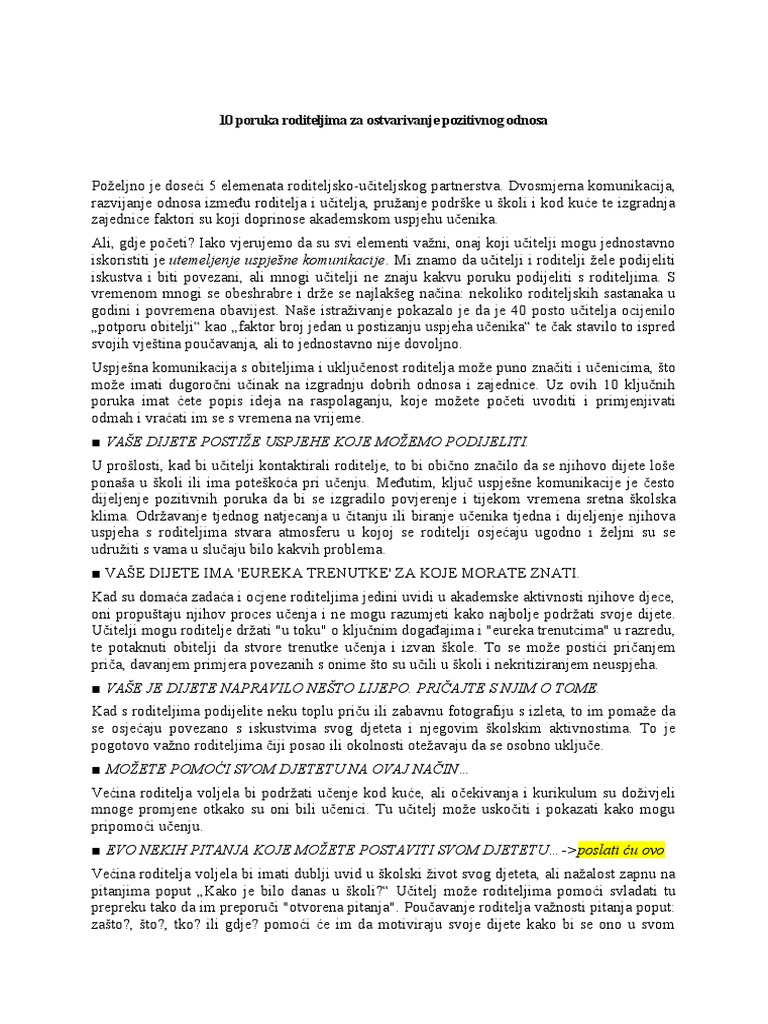 10 Poruka Koje Bi Svaki Učitelj Trebao Poslati Roditeljima | PDF