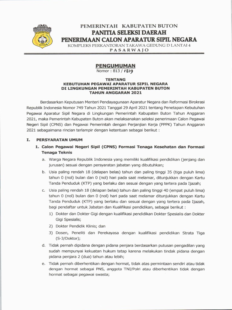 Pengumuman Seleksi CASN Kab. Buton 2021 | PDF