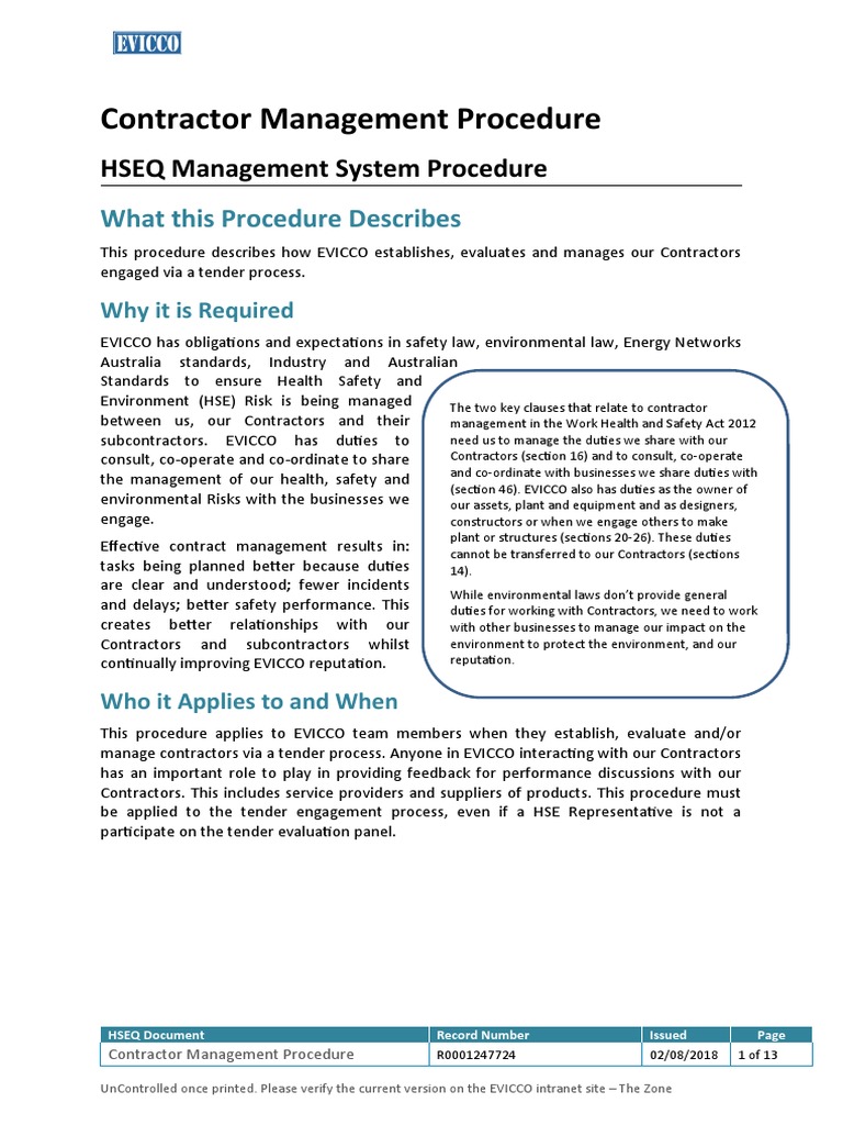 Contractor Management Procedure | PDF | General Contractor | Procurement
