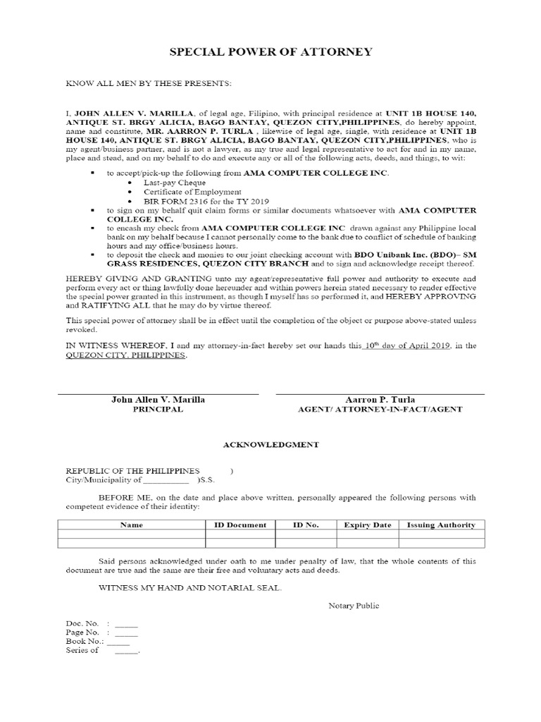 Special Power of Attorney - Last Pay and Check Deposit | PDF