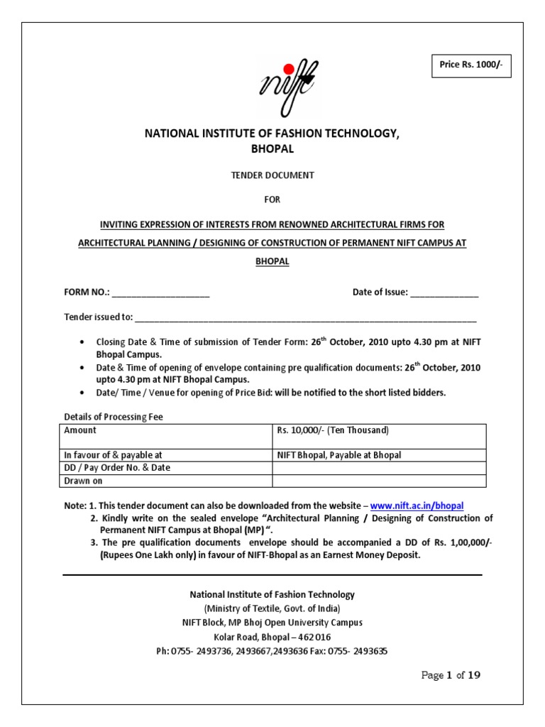 Tender Document For EOI of NIFT Bhopal | PDF | Architect ...