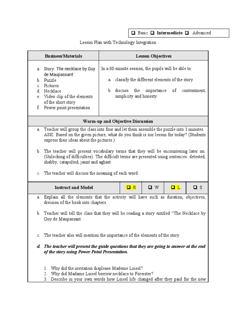 Tech-Integrated Lesson: "The Necklace" | PDF | Lesson Plan | Pedagogy