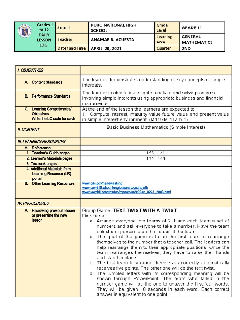 DLP in Gen. Math | PDF | Interest | Legal Guardian