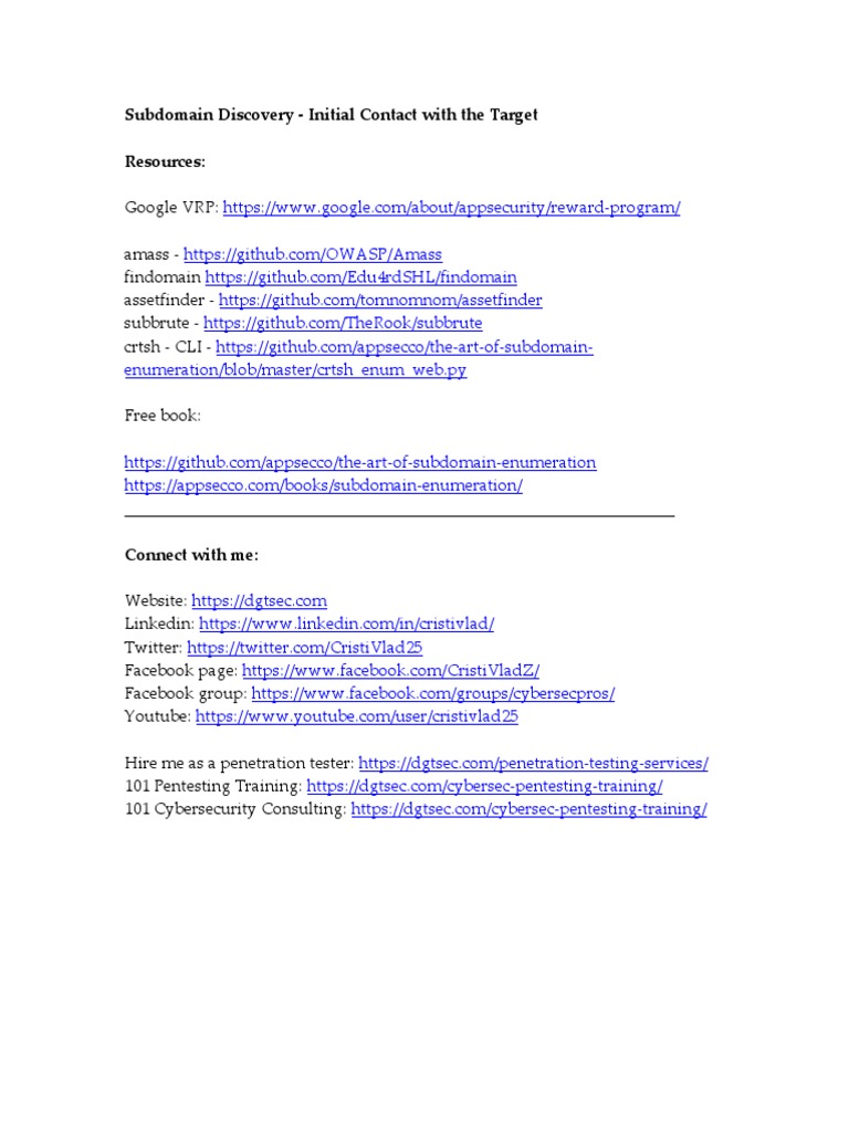 Subdomain Discovery - Initial Contact With The Target - Resources | PDF