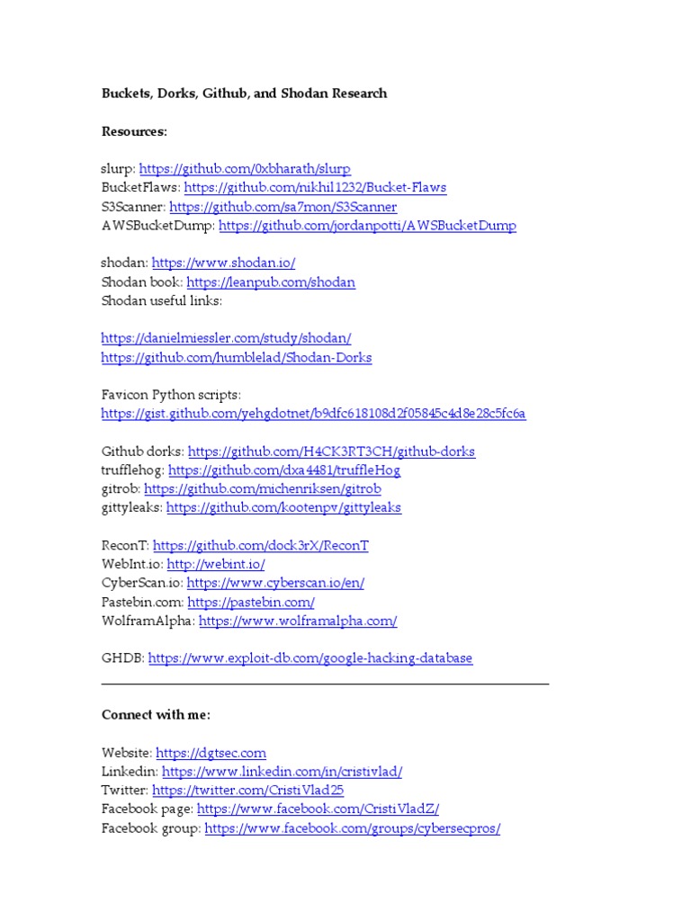 Buckets, Dorks, Github, and Shodan Research Resources | PDF | Computers ...