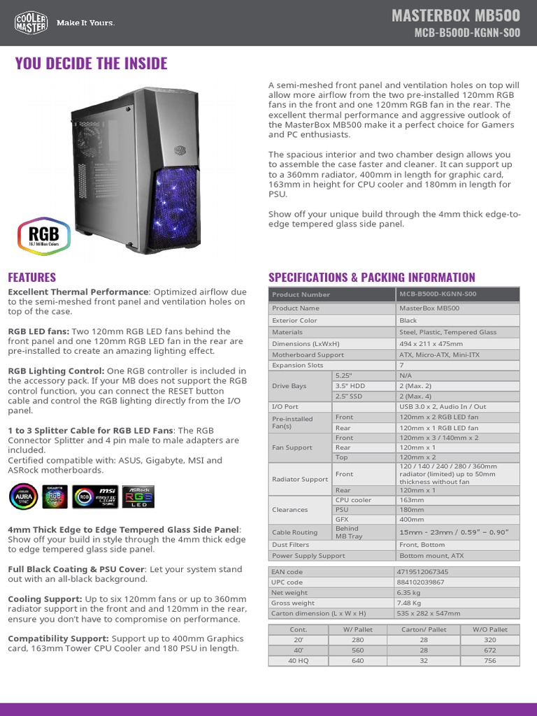 MasterBox MB500 Product Sheet | PDF | Computer Engineering | Equipment