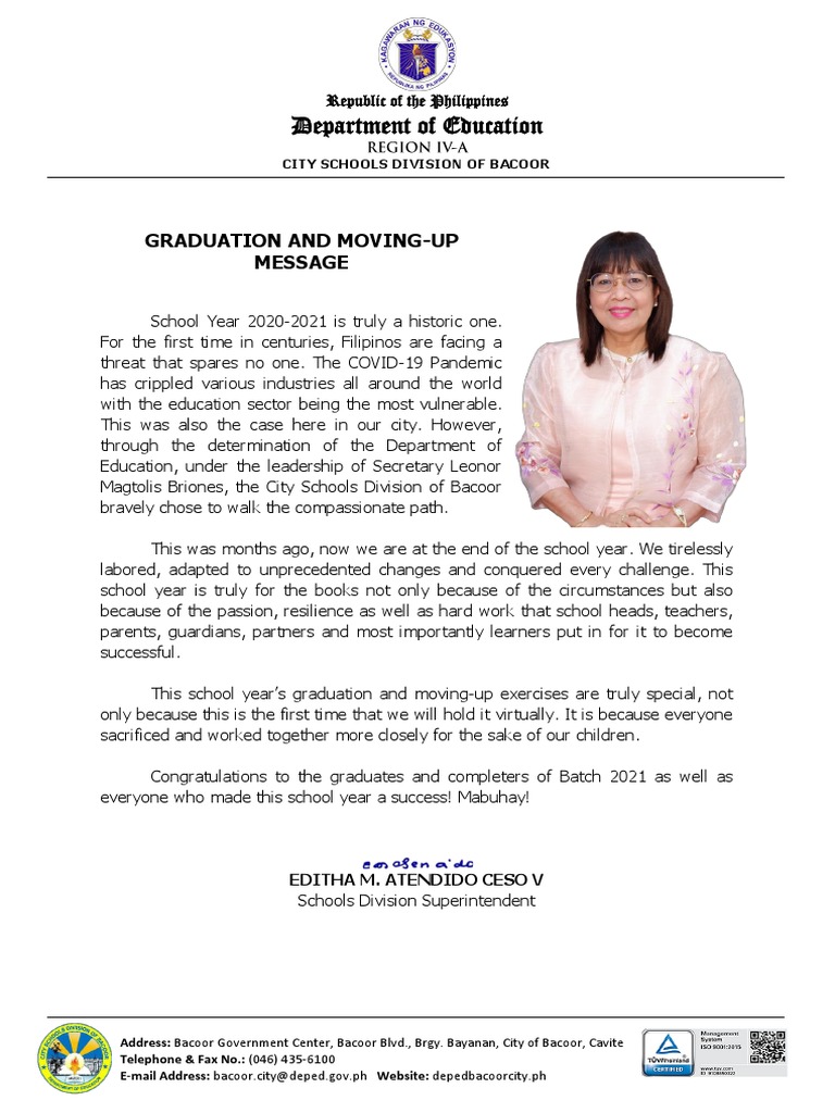Department of Education: Graduation and Moving-Up Message | PDF