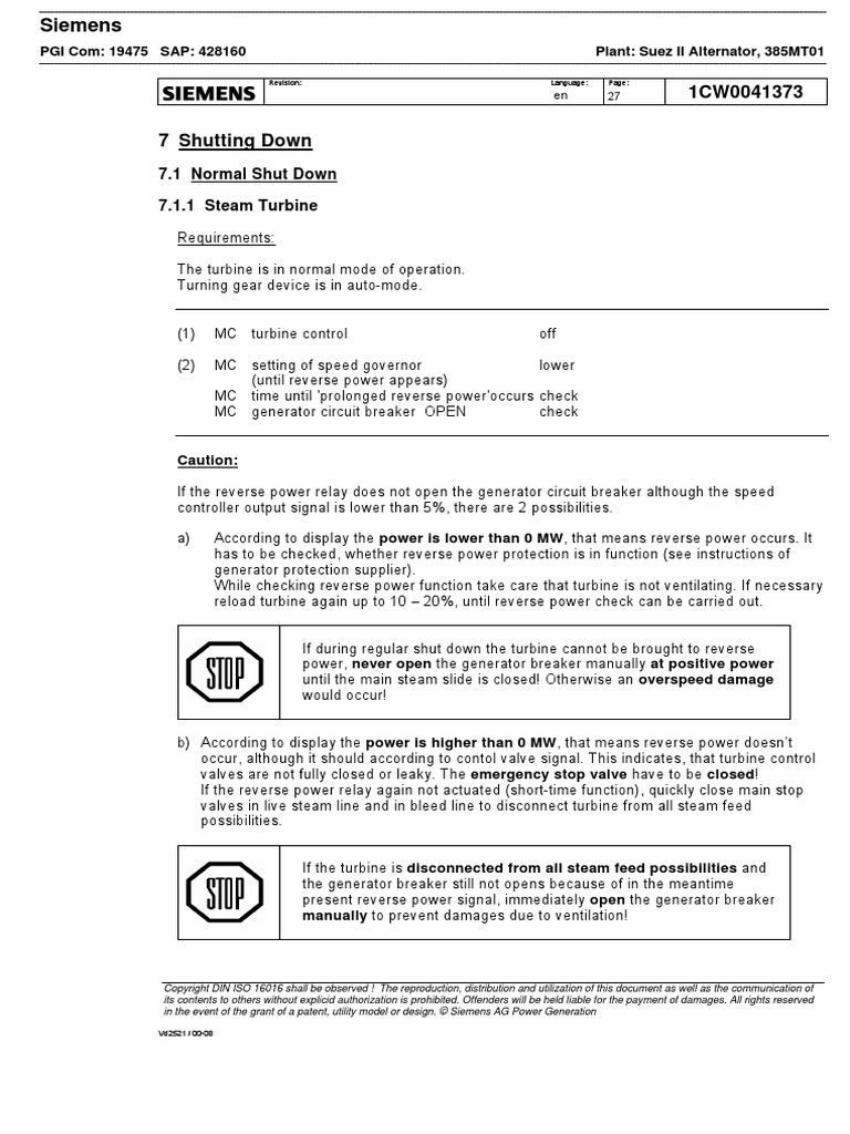 Generator Turbine Shutdown Procedure | PDF | Valve | Electric Generator