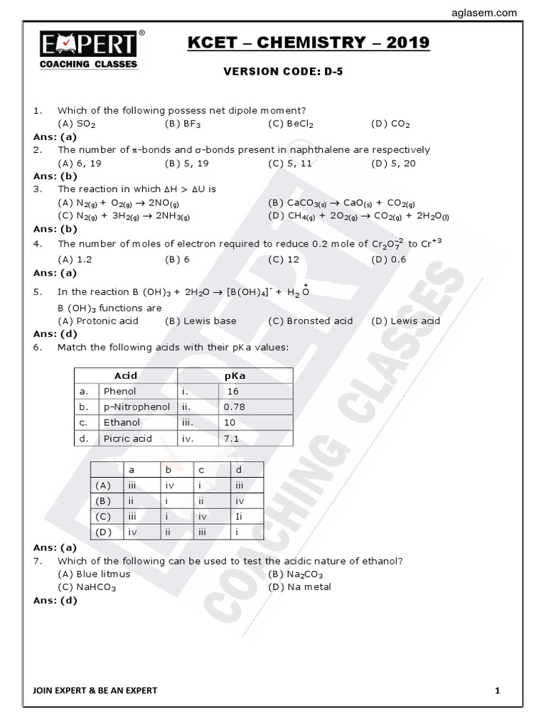 KCET Chemistry 2019 Question Paper | PDF | Catalysis | Chlorine