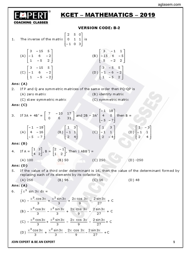 KCET 2019 Question Paper Maths | PDF | Matrix (Mathematics ...
