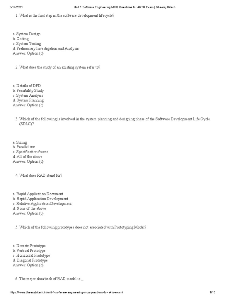 Unit 1 Software Engineering MCQ Questions For AKTU Exam - Dheeraj Hitech | PDF | Software ...