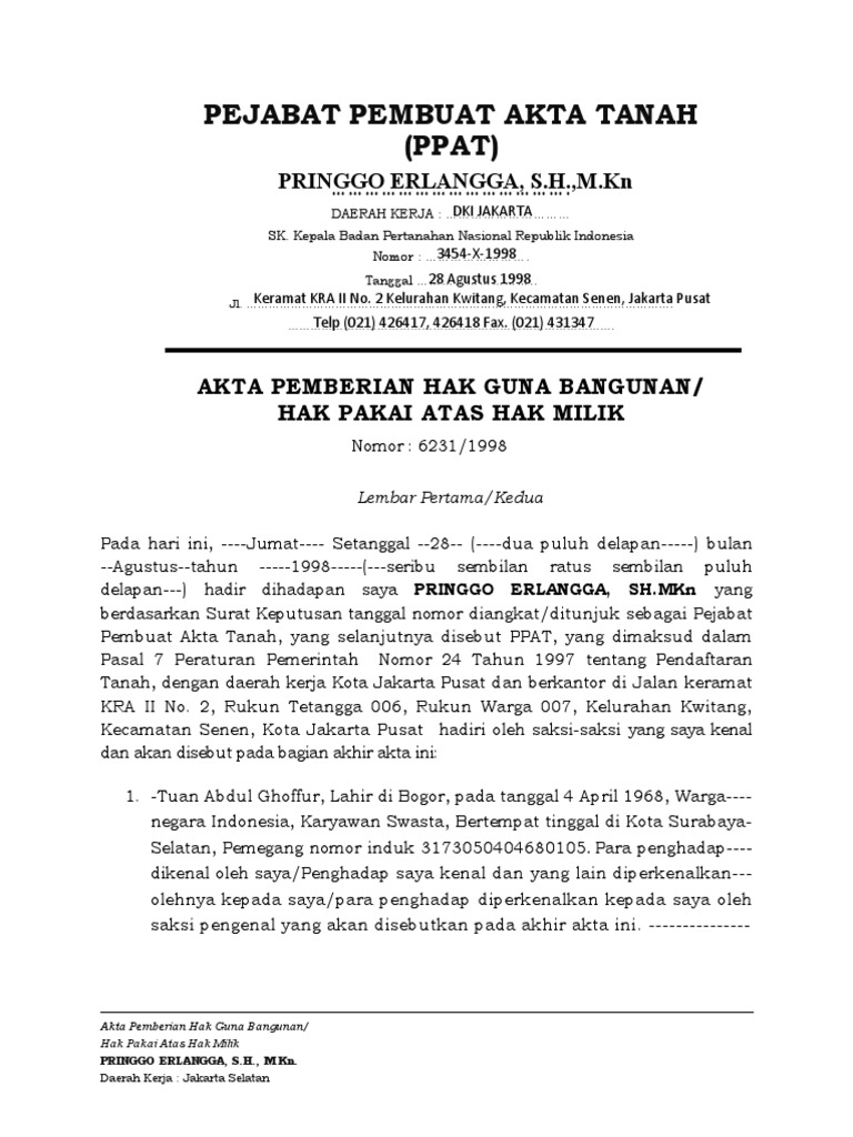 Contoh Akta SHGB dan Hak Pakai | PDF | Hukum