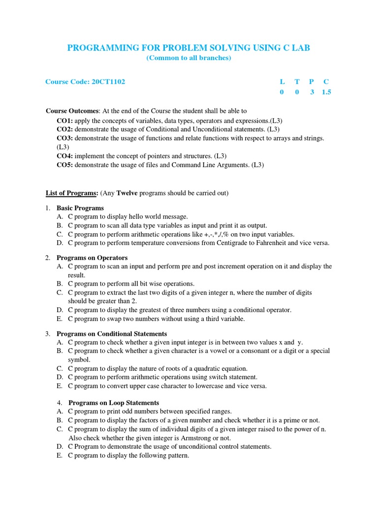 Programming For Problem Solving Using C Lab (20-21) | PDF | C (Programming Language) | String ...
