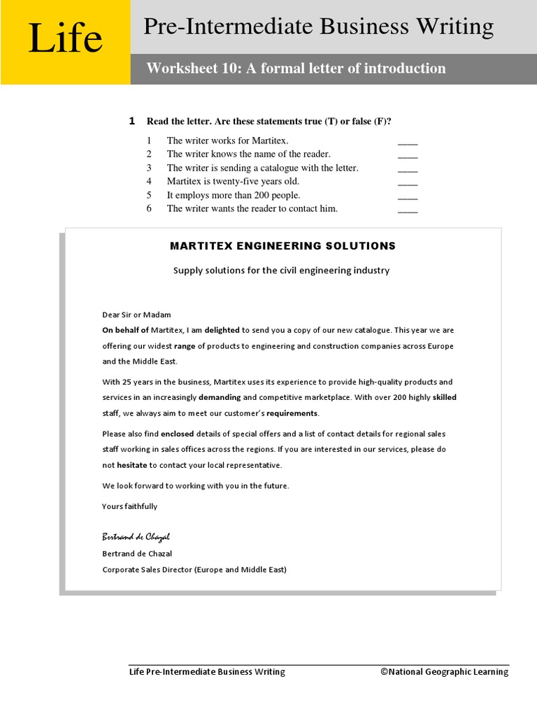 Pre-Intermediate Business Writing: Worksheet 10: A Formal Letter of ...