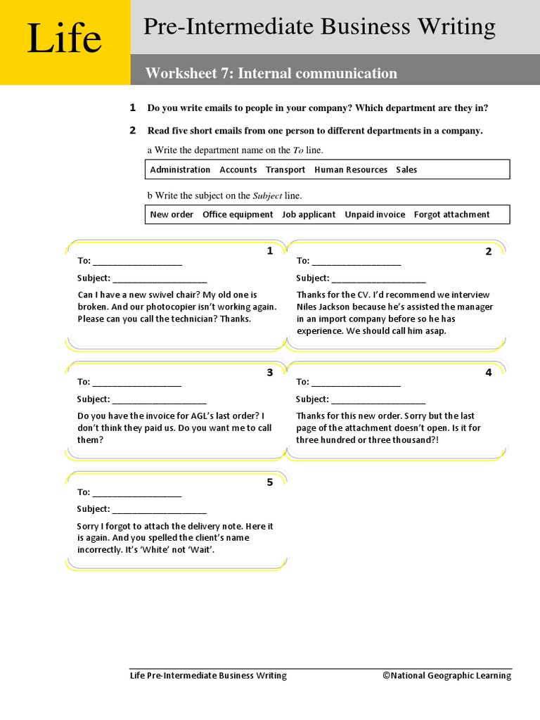 Pre-Intermediate Business Writing: Worksheet 7: Internal Communication ...