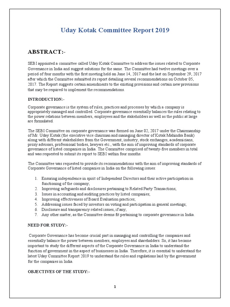 Analysis of Uday Kotak Committee Report 2019 | PDF | Corporate ...