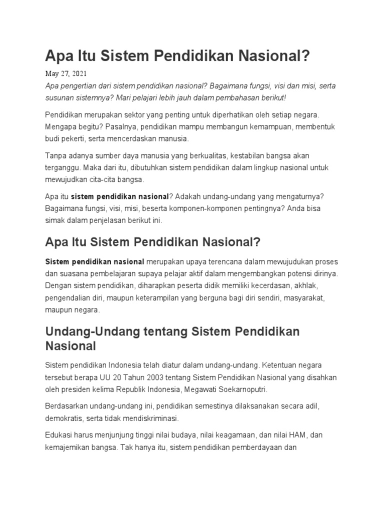 Apa Itu Sistem Pendidikan Nasional | PDF