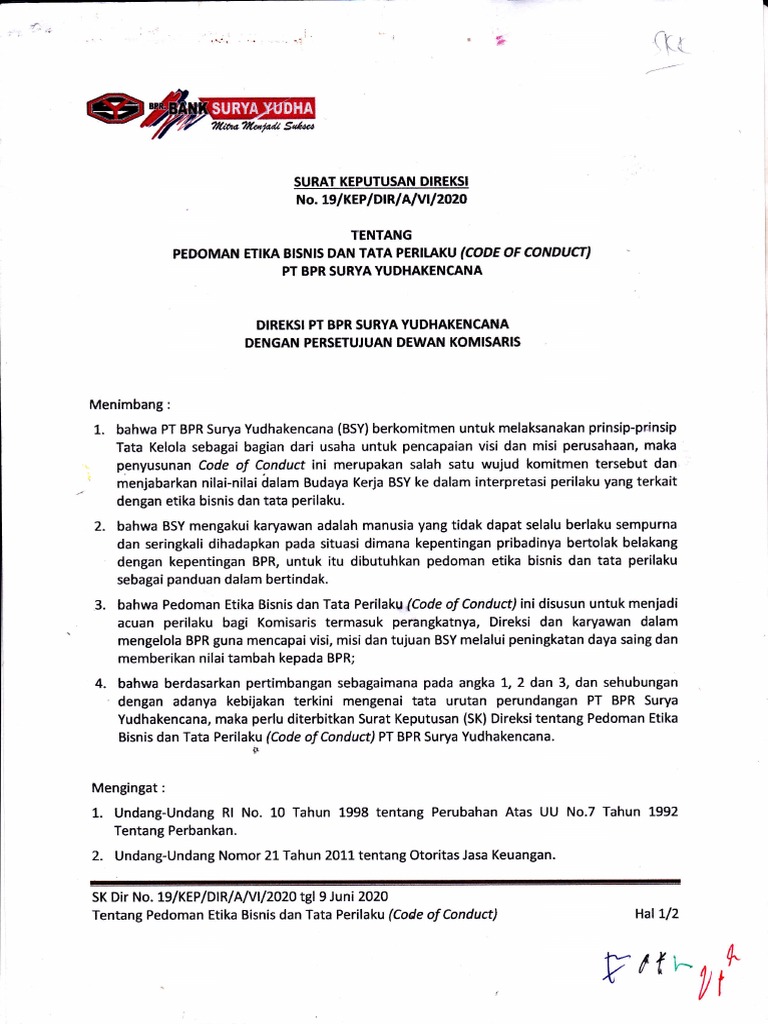 19.KEP - Dir.a.vi.2020 Pedoman Etika Bisnis Dan Tata Perilaku (Code of ...