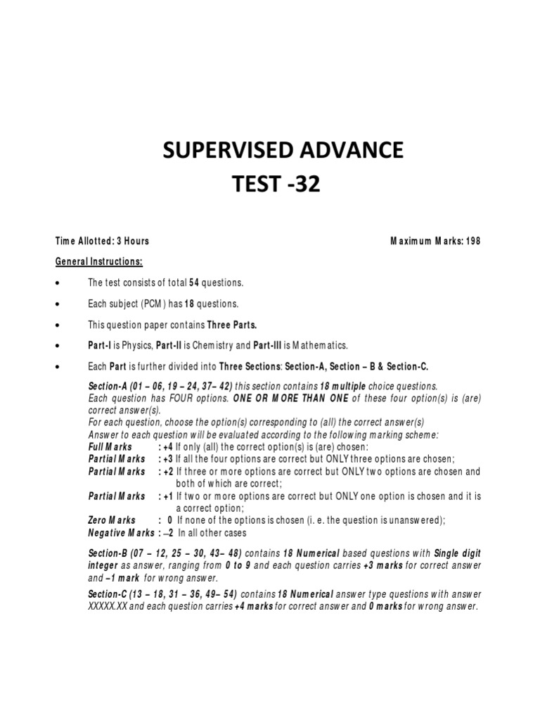 Supervised Advance Test - Physics, Chemistry, Math | PDF | Sphere ...