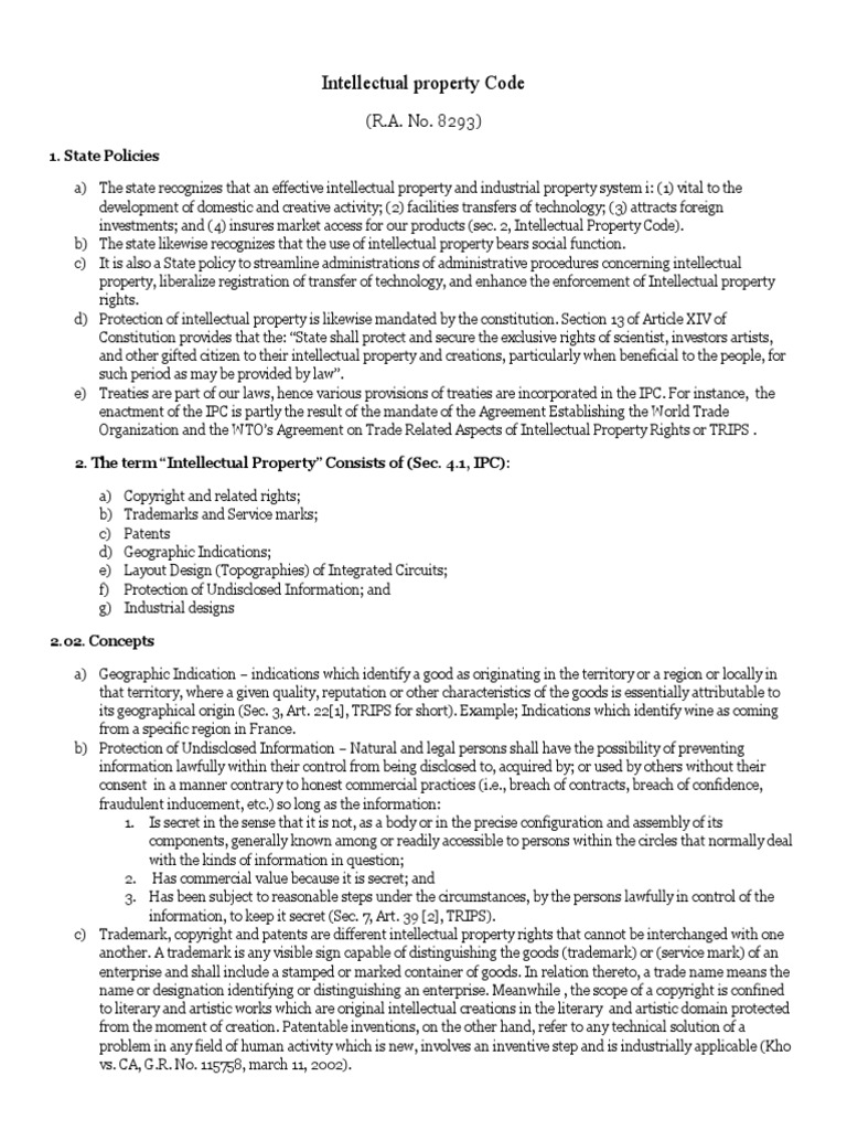 Intellectual Property Code: (R.A. No. 8293) | PDF | Intellectual ...