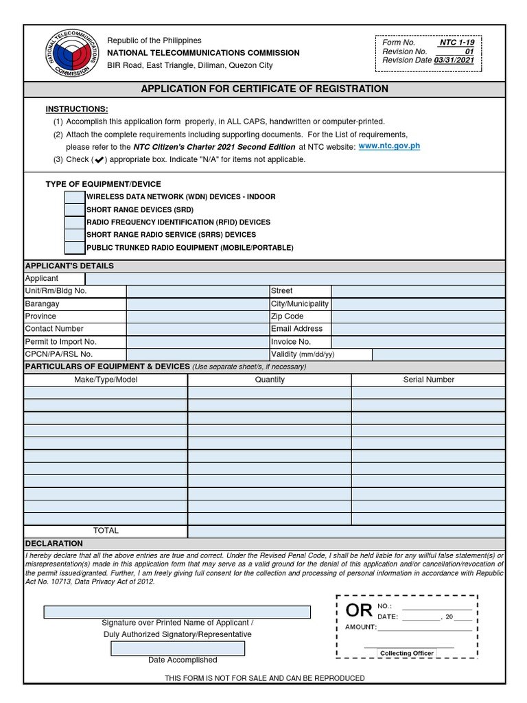 Form No. NTC 1 19 APPLICATION FOR CERTIFICATE OF REGISTRATION (WDN SRD RFID SRRS PUBLIC TRUNK ...