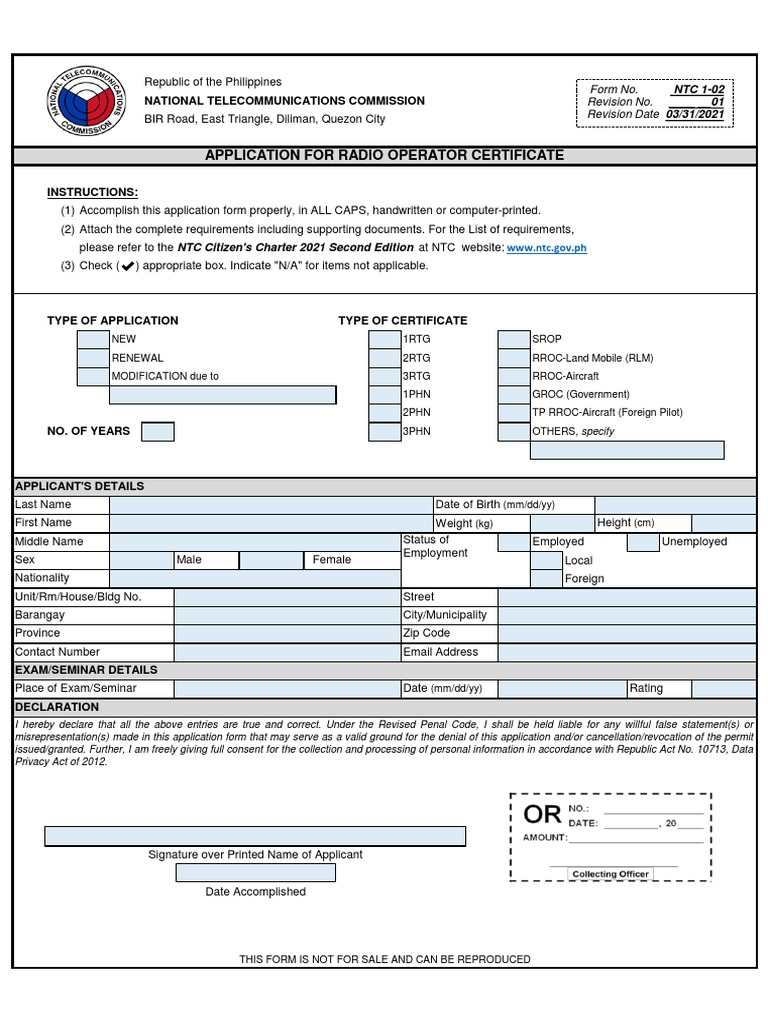Form No. NTC 1 02 APPLICATION FOR RADIO OPERATOR CERTIFICATE | PDF ...