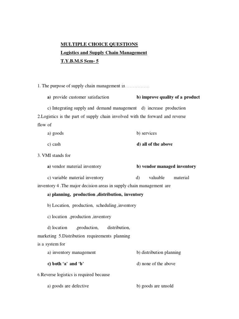 Multiple Choice Questions Logistics and Supply Chain Management T.Y.B.M ...