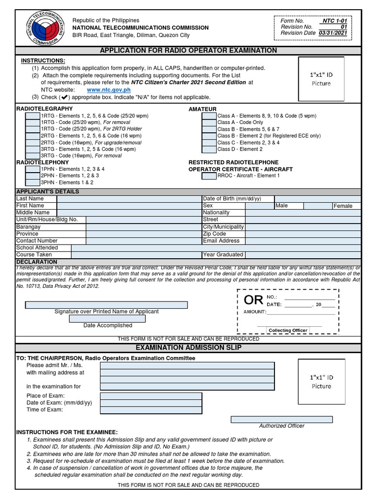 Form No. NTC 1 01 APPLICATION FOR RADIO OPERATOR EXAMINATION | PDF