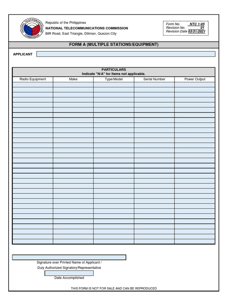 Form No. NTC 1 05 FORM A (MULTIPLE STATIONS EQUIPMENT) | PDF