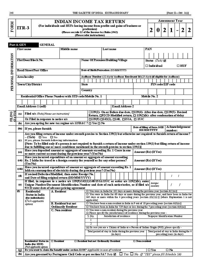 ITR-3 Indian Income Tax Return: Individual Huf | PDF | Expense | Taxes
