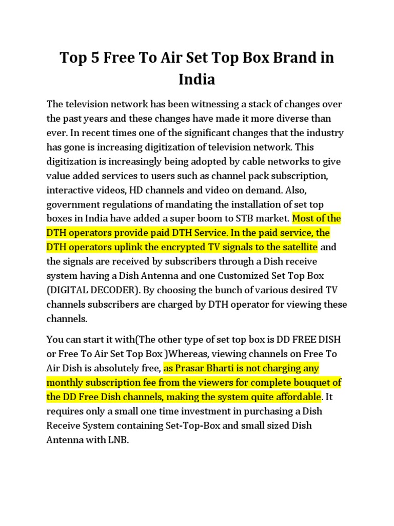 Top Free To Air Set Top Box Brand in India | PDF | Satellite Television ...