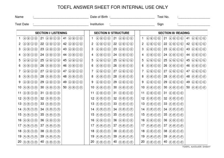 Toefl Answer Sheet For Internal Use Only: Section I/ Listening Section Ii/ Structure Section Iii ...