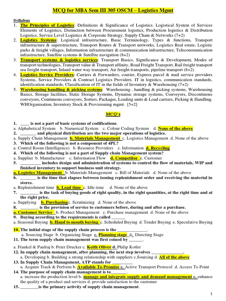 MCQ For Mba III 305 Oscm Logistics | PDF | Logistics | Supply Chain Management