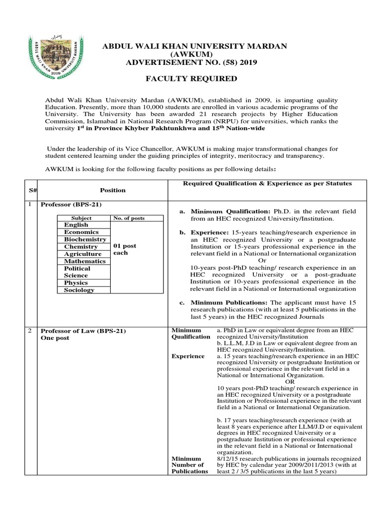 AWKUM Faculty Positions Available | PDF | Academic Degree ...