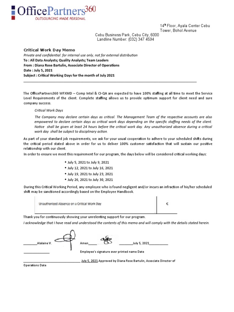 Critical Working Days Memo for July 2021 | PDF | Business