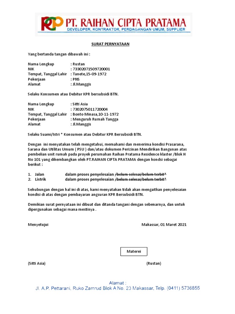Surat Pernyataan KPR Bersubsidi BTN | PDF | Pengelolaan Keuangan & Uang