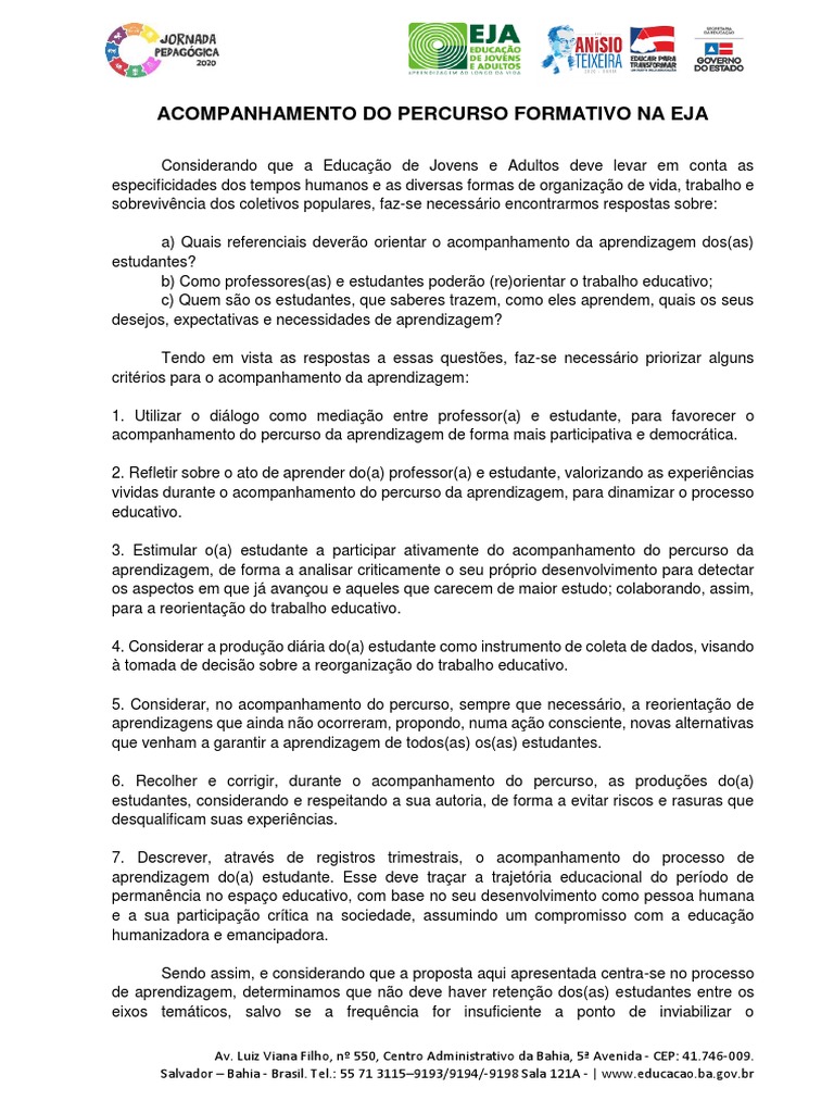 Acompanhamento Do Percurso Formativo Eja e Barema Conceitual Eja | PDF | Aprendizado | Tempo