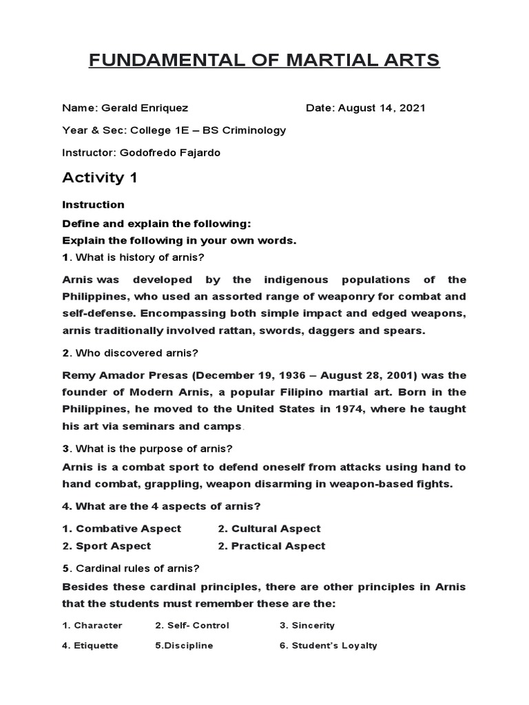 Gerald Enriquez - MODULE 1 - FUNDAMENTAL OF MARTIAL ARTS | PDF