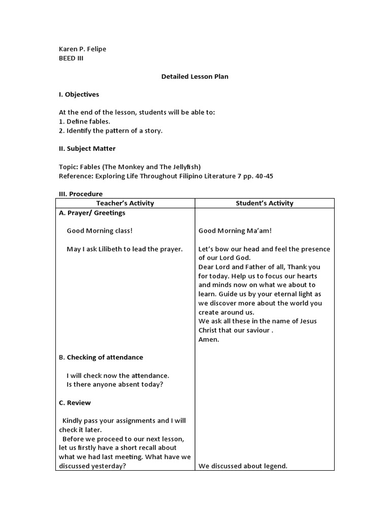 Detailed Lesson Plan I. Objectives | PDF | Fable | Legends