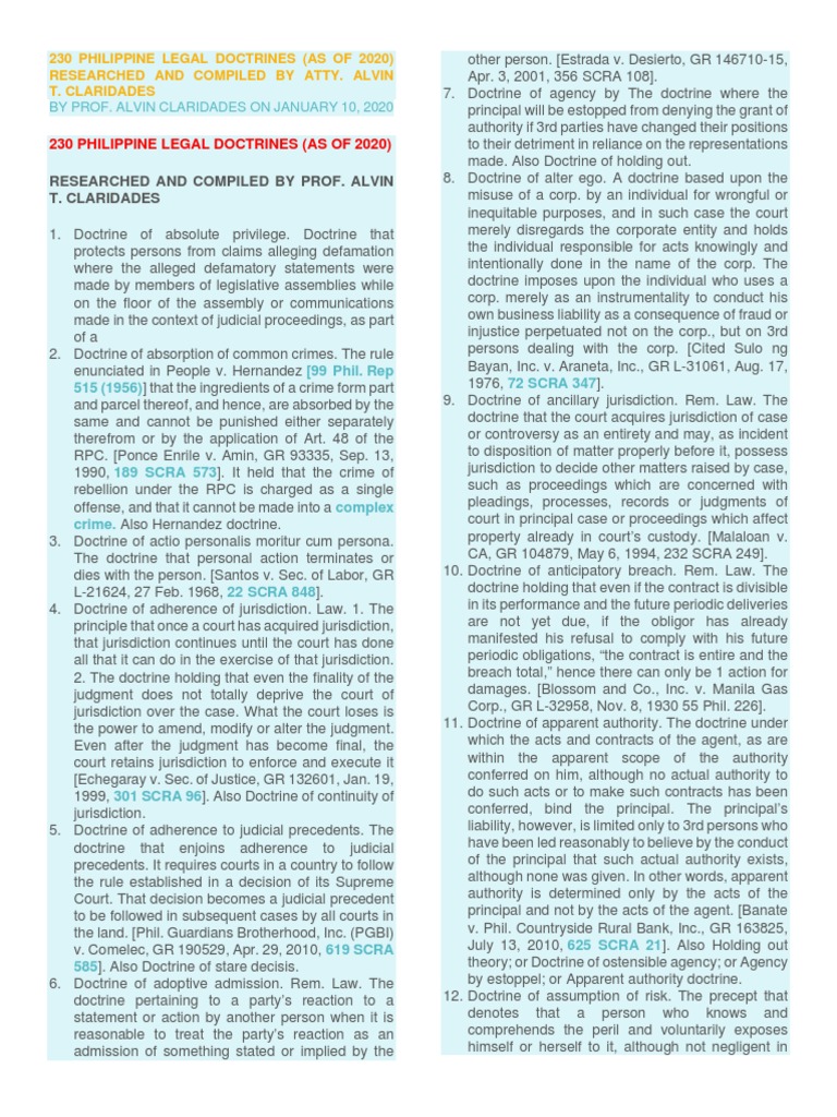 Philippine Legal Doctrines Overview | PDF | Negligence | Jurisdiction