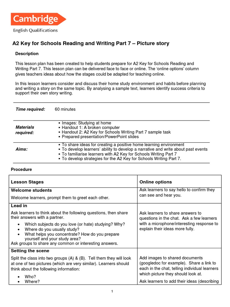 A2 Key Writing: Picture Story Lesson | PDF | Lesson Plan | Learning
