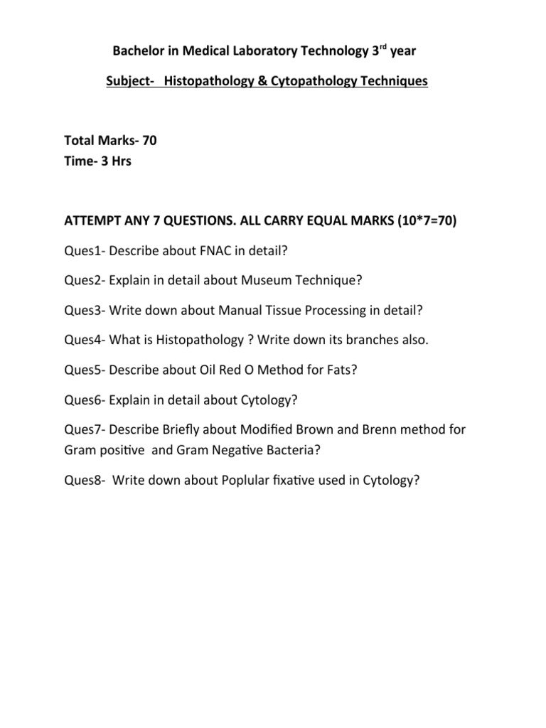 BMLT 3rd Year Histopathology Exam Paper | PDF | Science & Mathematics