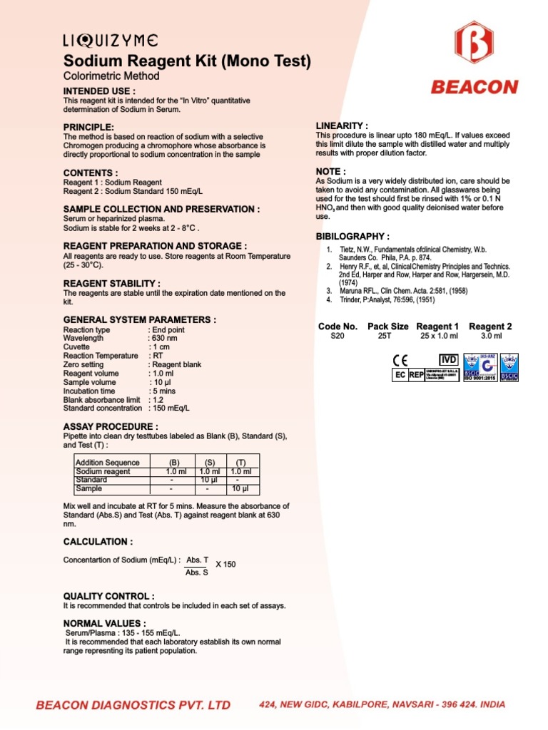 Sodium Reagent Kit (Mono Test) : Colorimetric Method | PDF | Sodium ...